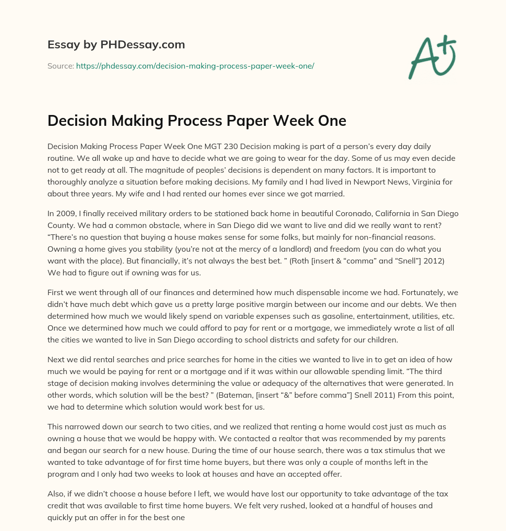 Decision Making Process Paper Week One - PHDessay.com