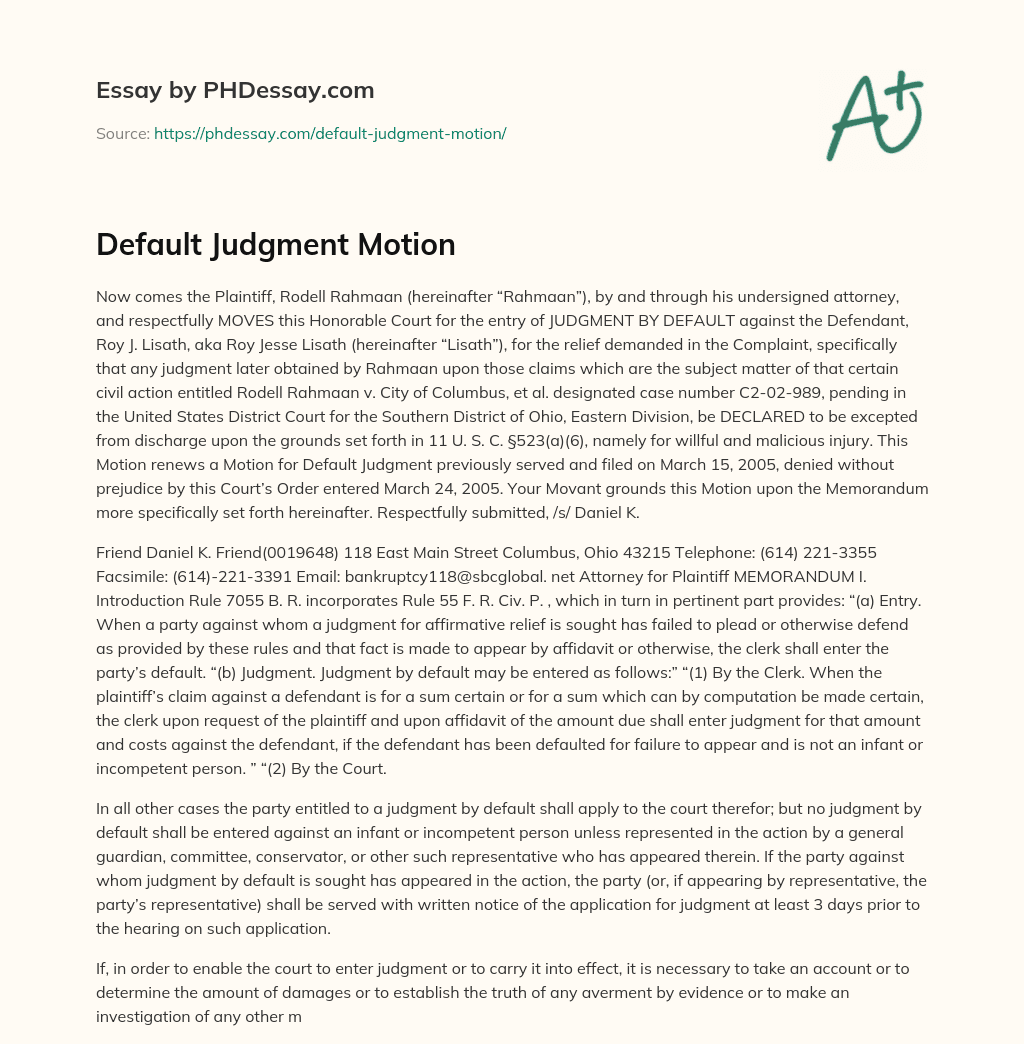 Default Judgment Motion - PHDessay.com