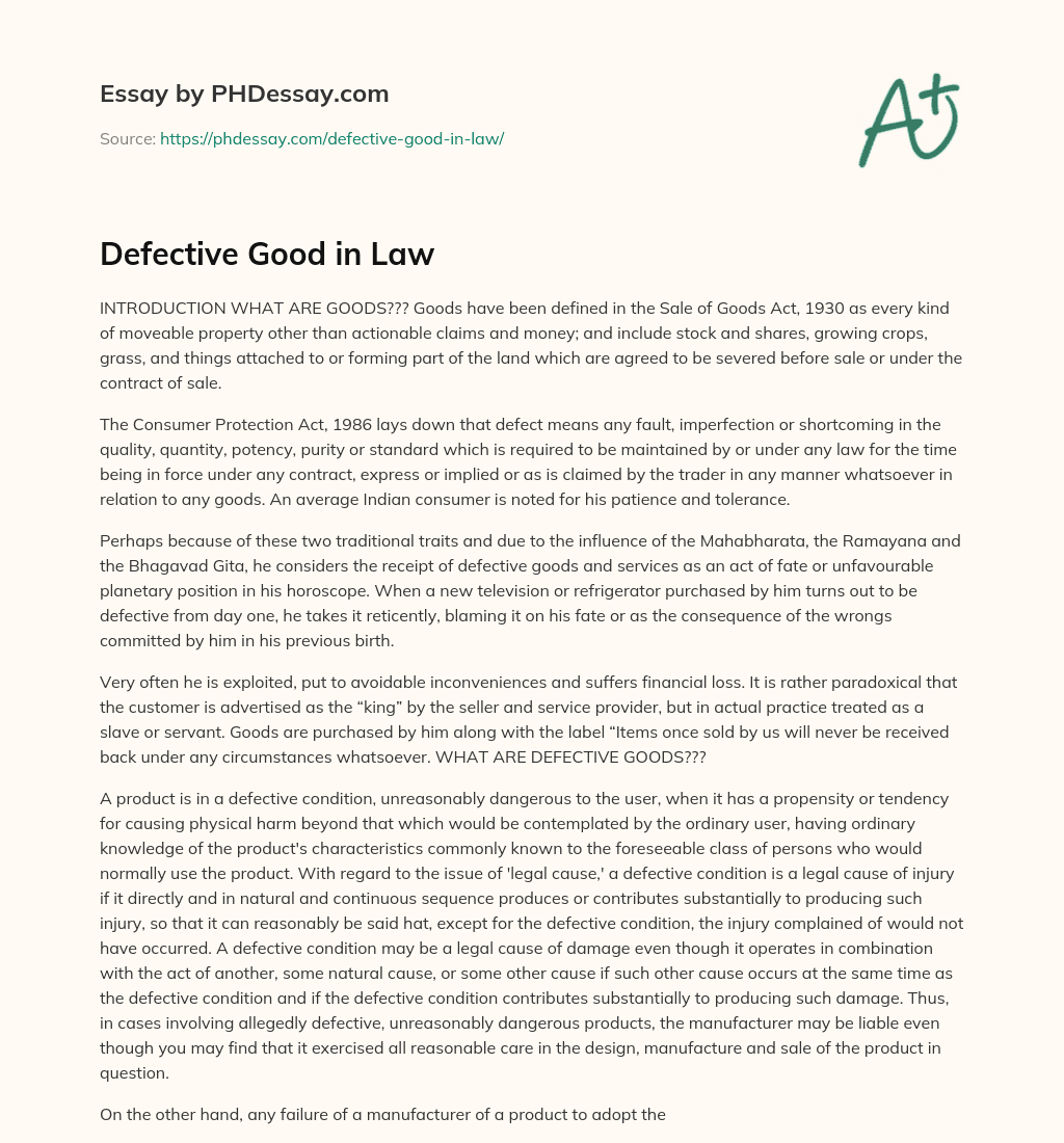 Defective Good in Law - PHDessay.com