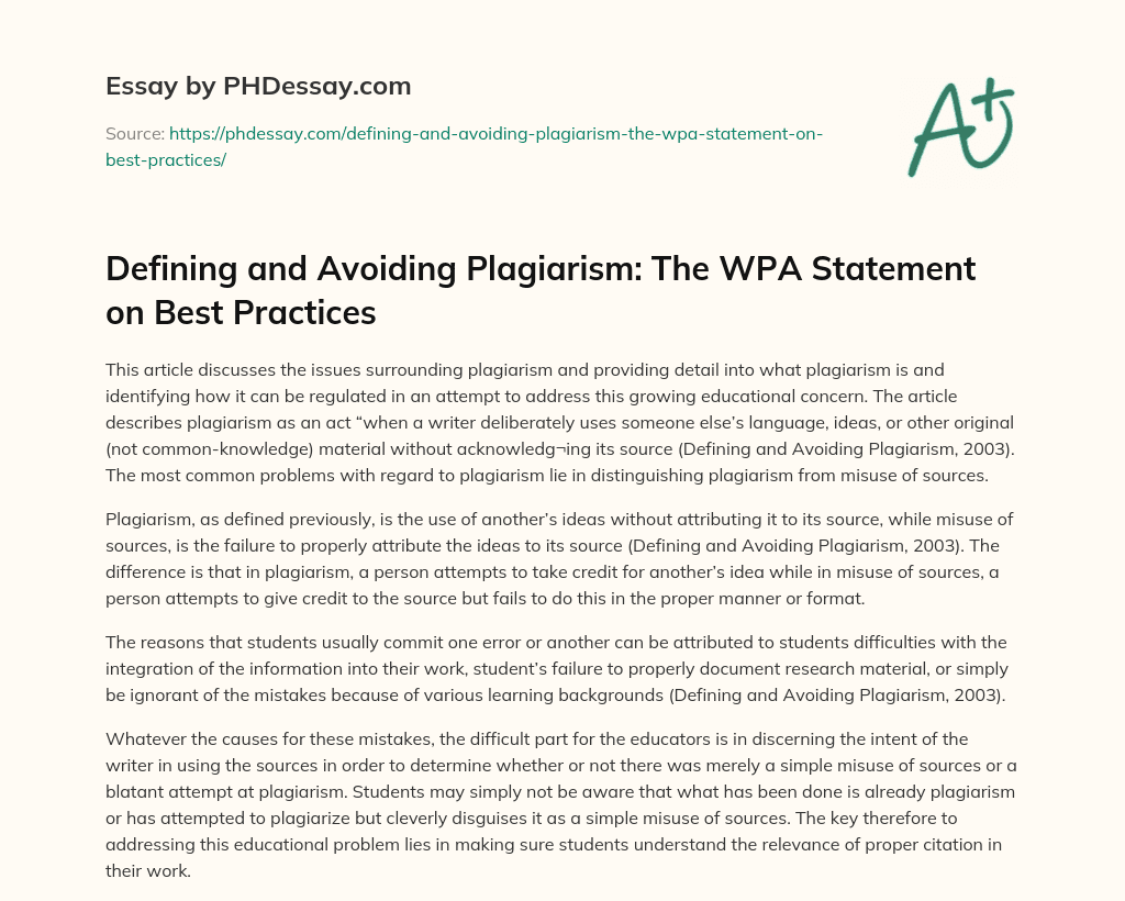 Defining and Avoiding Plagiarism: The WPA Statement on Best Practices ...