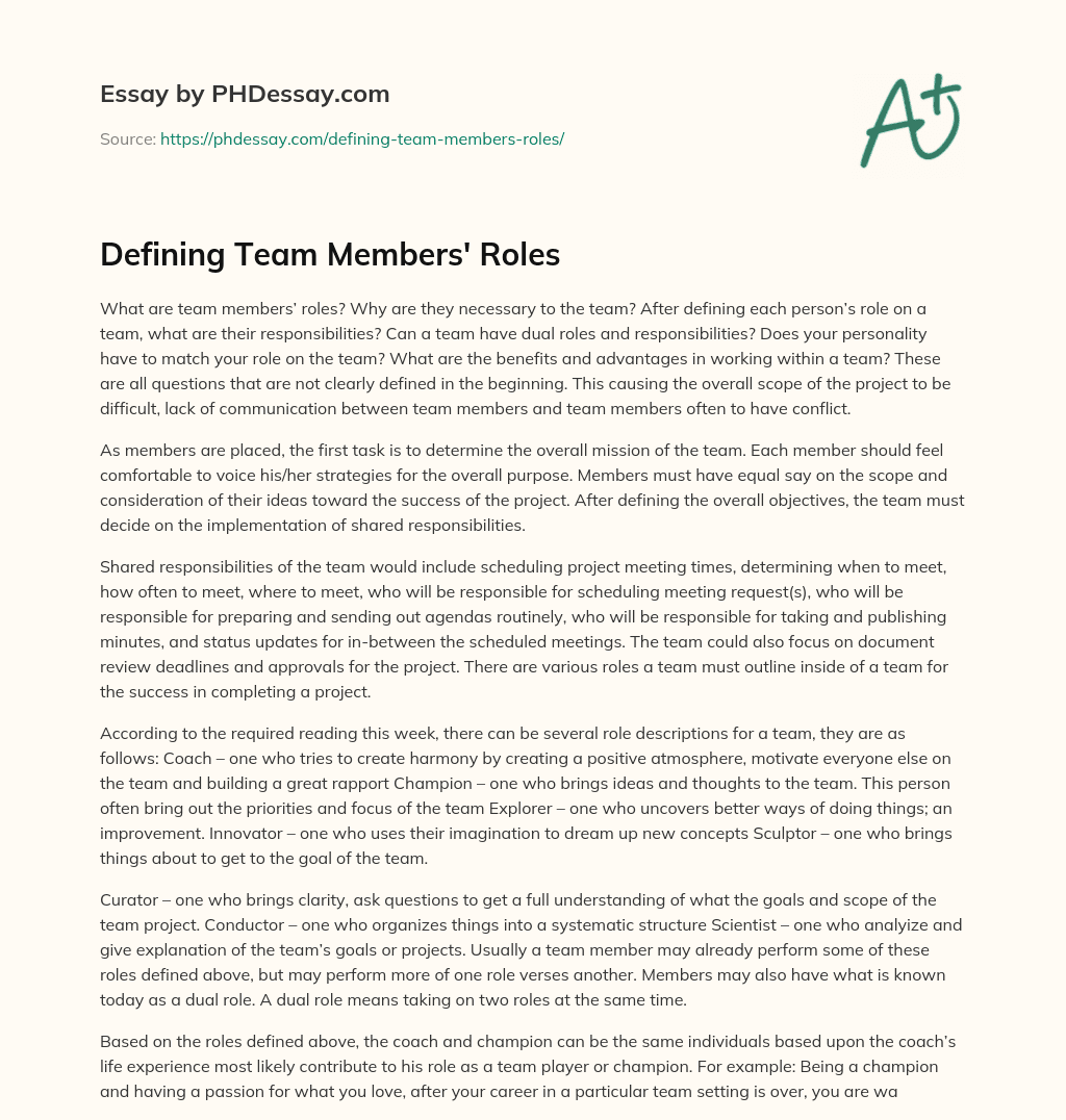 Defining Team Members' Roles - PHDessay.com