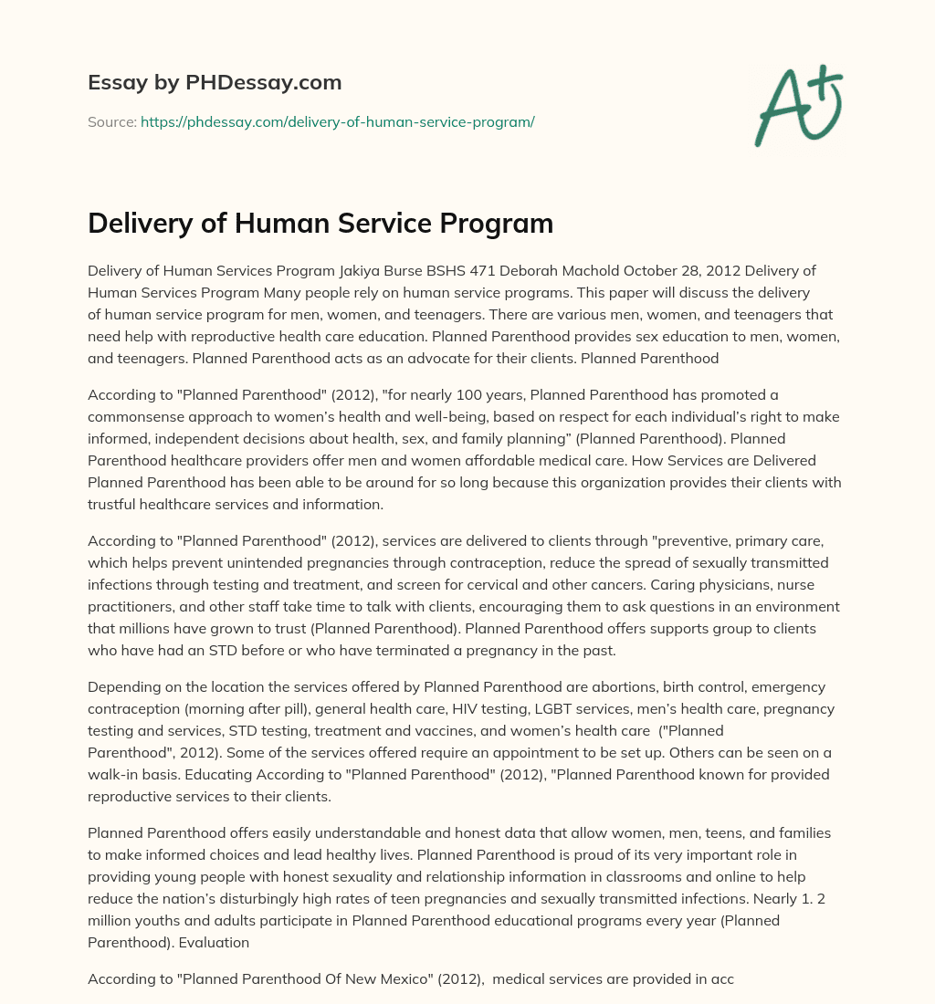 Delivery of Human Service Program (600 Words) - PHDessay.com