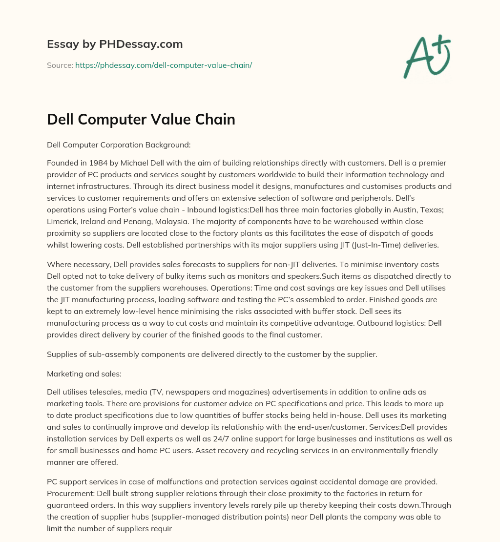 Dell Computer Value Chain Analysis And Case Study Essay Example ...