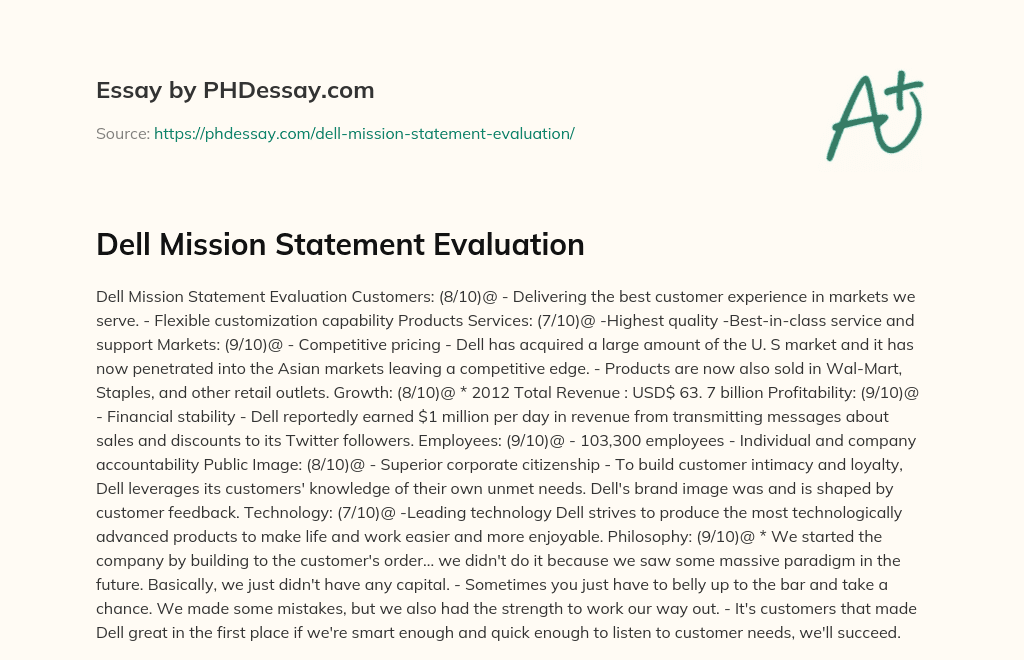 Dell Mission Statement Evaluation (300 Words) - PHDessay.com