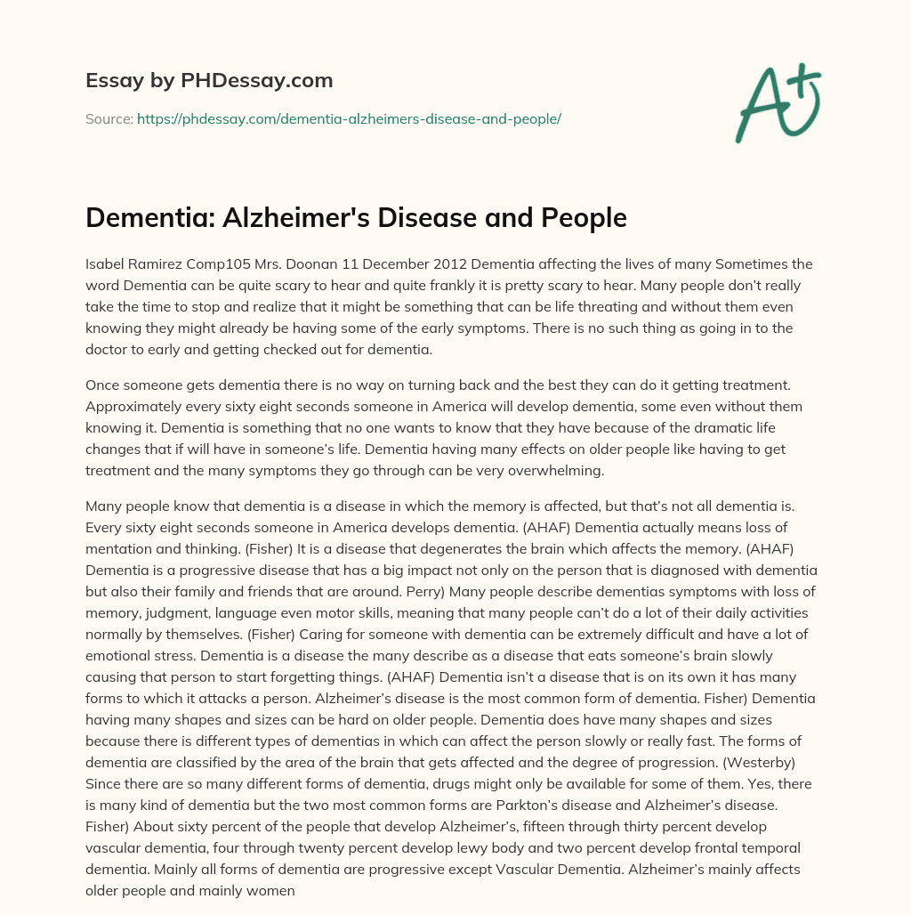 Dementia: Alzheimer's Disease and People - PHDessay.com