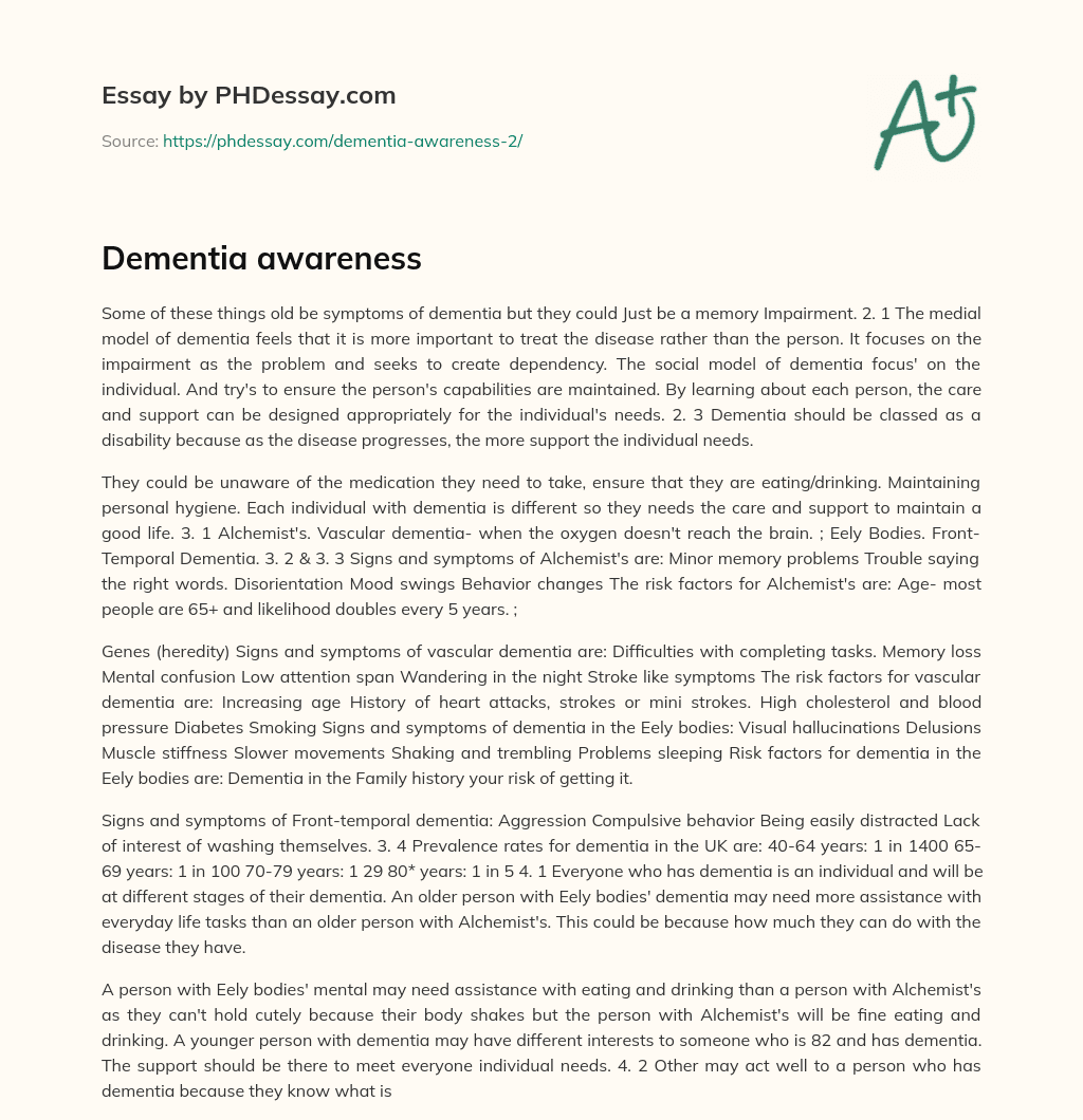 Dementia awareness (500 Words) - PHDessay.com