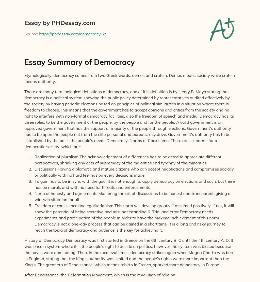 Essay Summary of Democracy - PHDessay.com