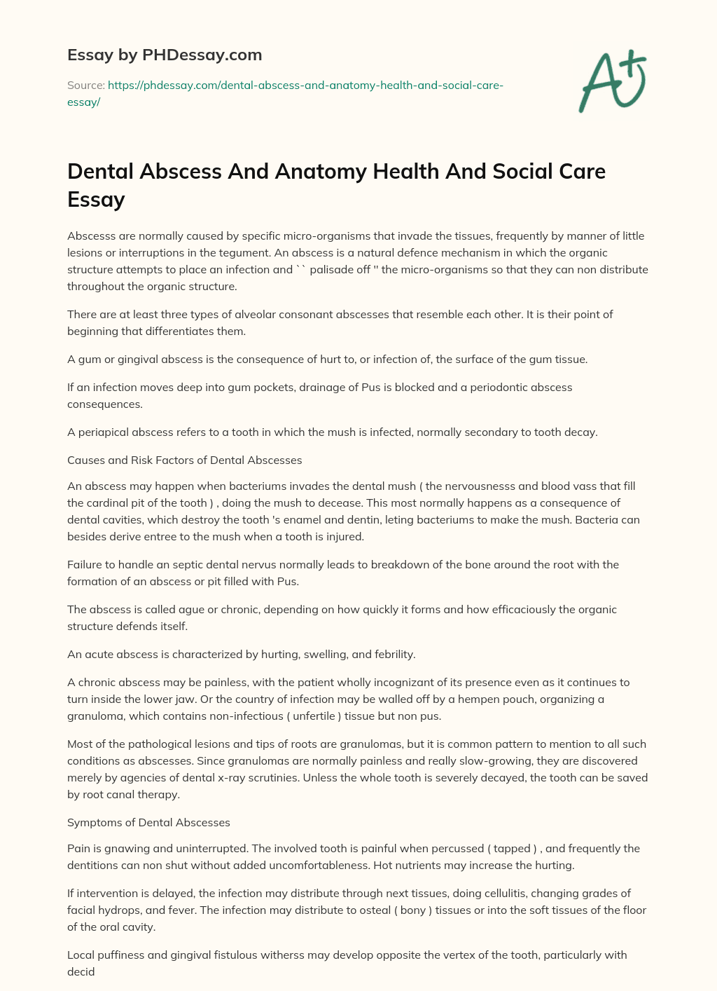 Dental Abscess And Anatomy Health And Social Care Essay - PHDessay.com