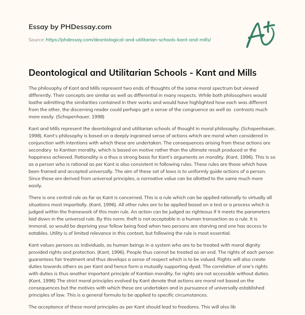Deontological and Utilitarian Schools - Kant and Mills - PHDessay.com