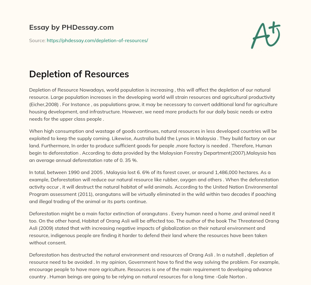 Depletion of Resources (400 Words) - PHDessay.com
