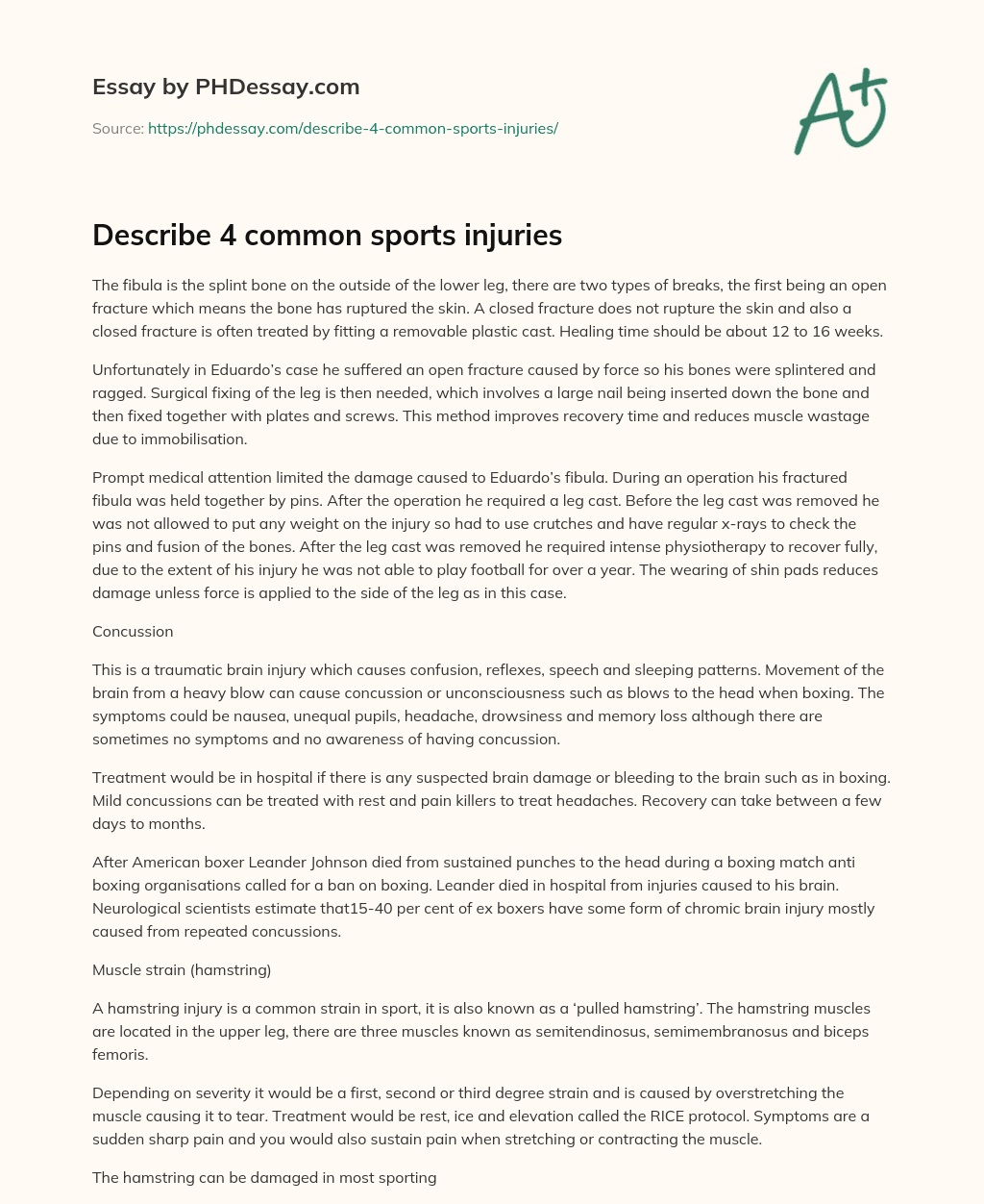 Describe 4 common sports injuries - PHDessay.com