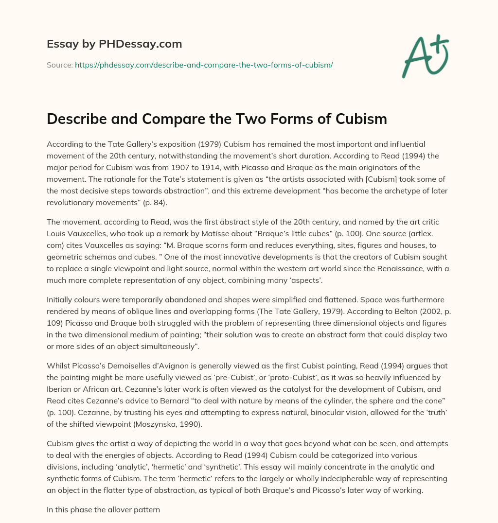 Describe And Compare The Two Forms Of Cubism Essay Example - PHDessay.com