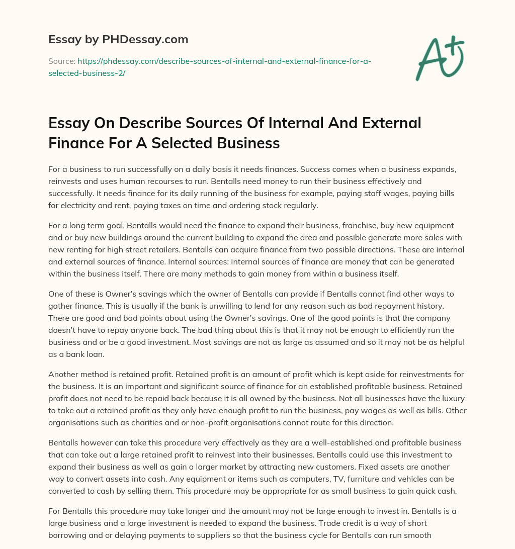 Essay On Describe Sources Of Internal And External Finance For A ...