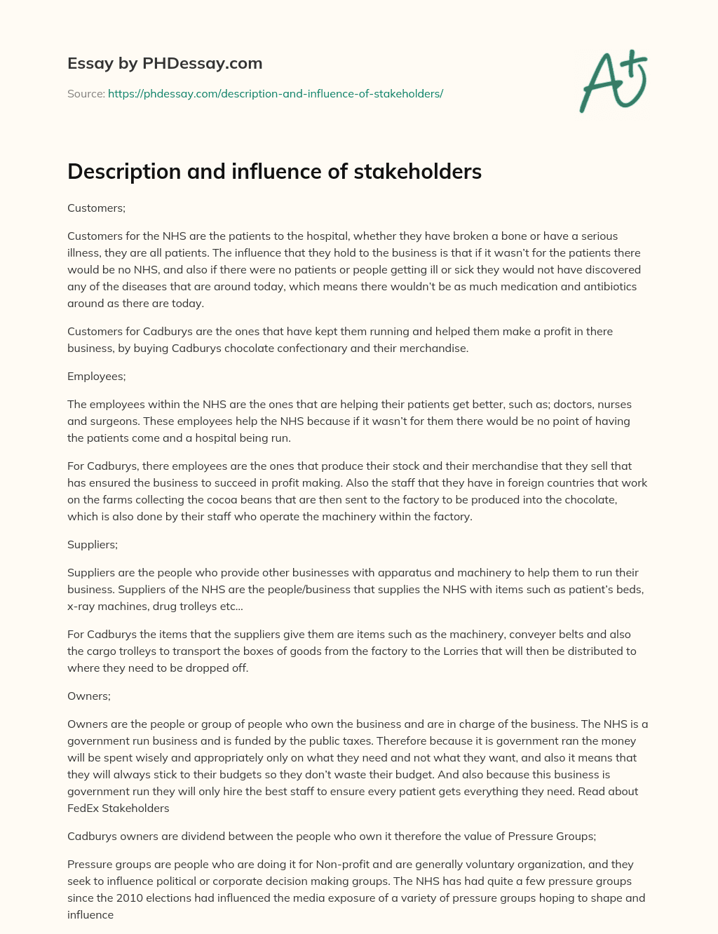 Description and influence of stakeholders - PHDessay.com