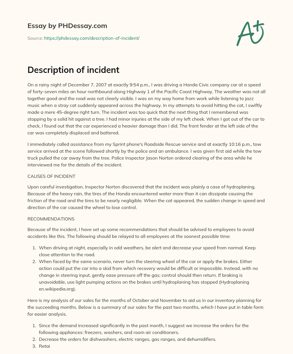 Description of incident - PHDessay.com