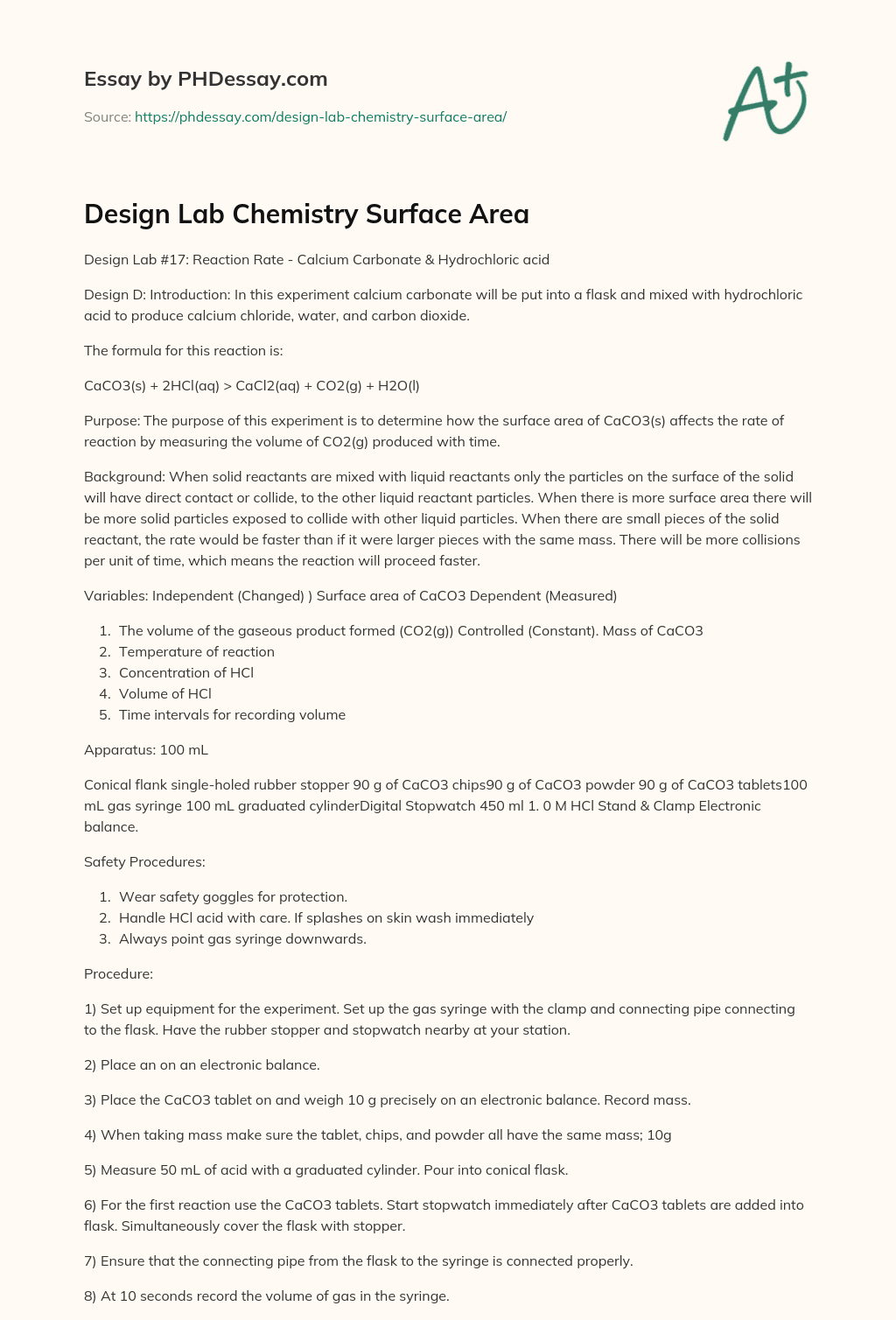 Design Lab Chemistry Surface Area - PHDessay.com