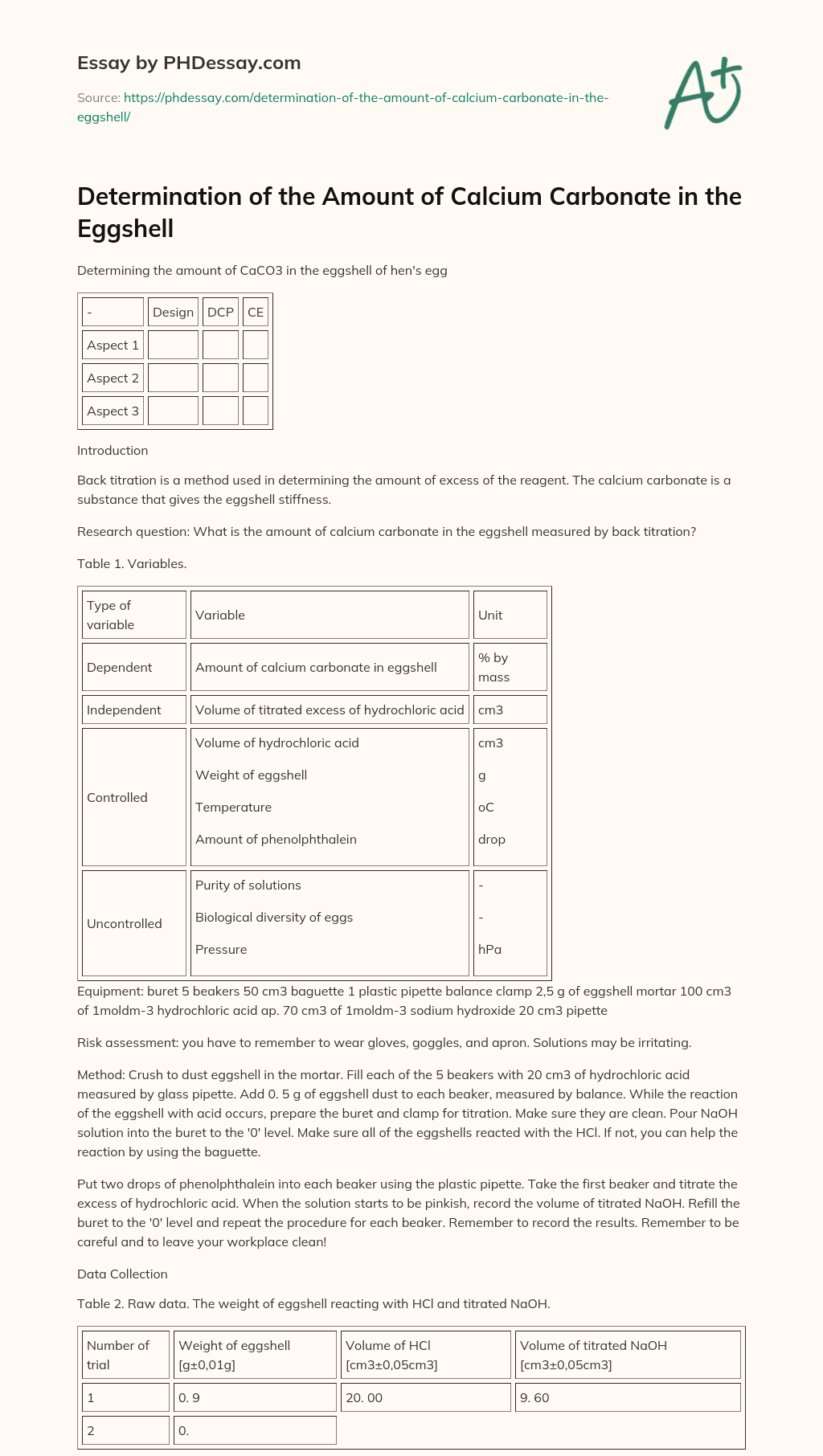 Determination Of The Amount Of Calcium Carbonate In The Eggshell Report ...