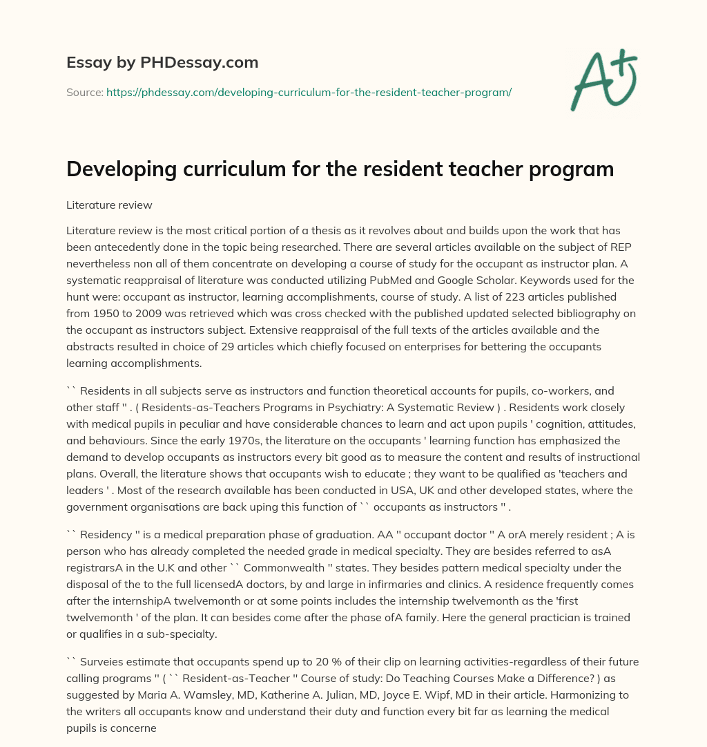 Developing curriculum for the resident teacher program - PHDessay.com