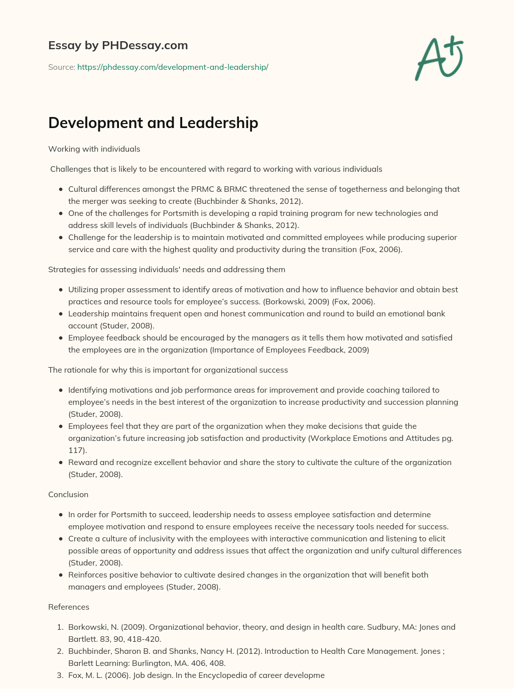 Development and Leadership (400 Words) - PHDessay.com