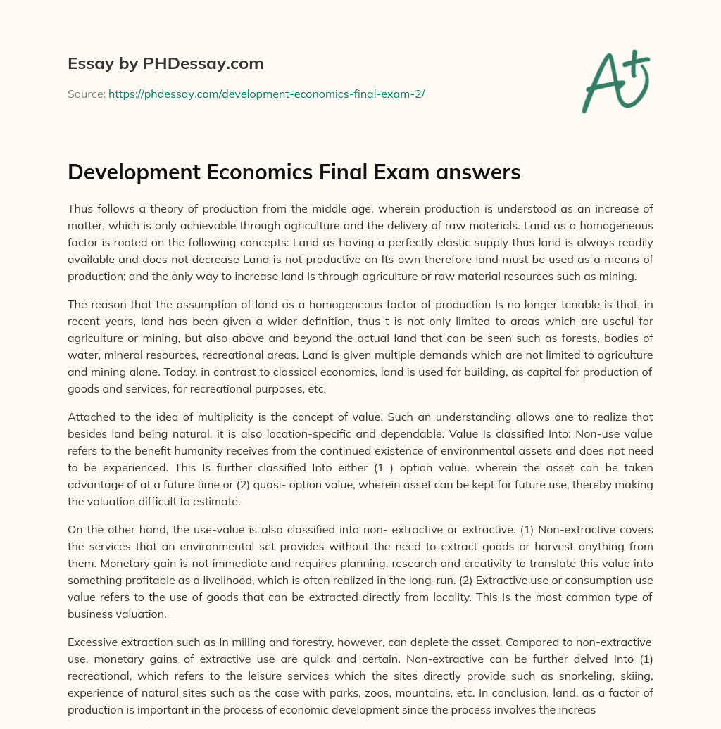 Development Economics Final Exam Answers PHDessay