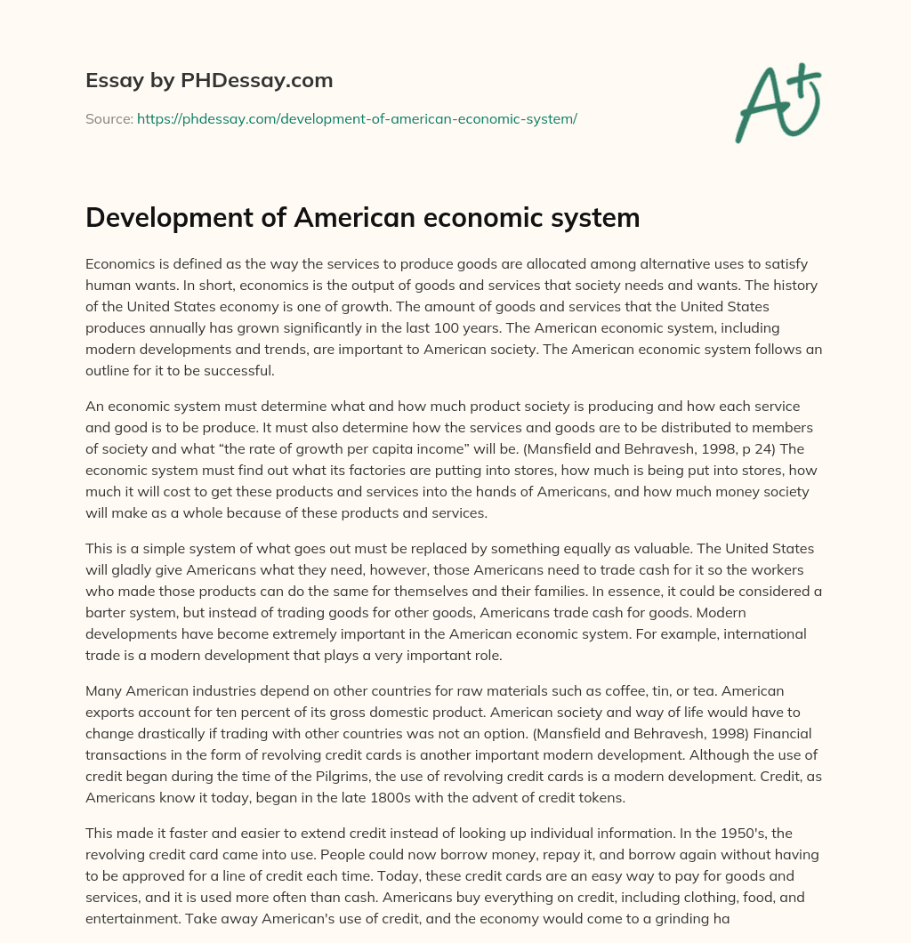Development of American economic system (600 Words) - PHDessay.com