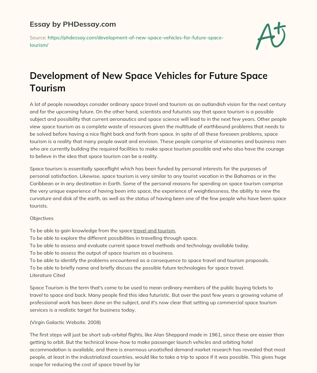 Development of New Space Vehicles for Future Space Tourism - PHDessay.com