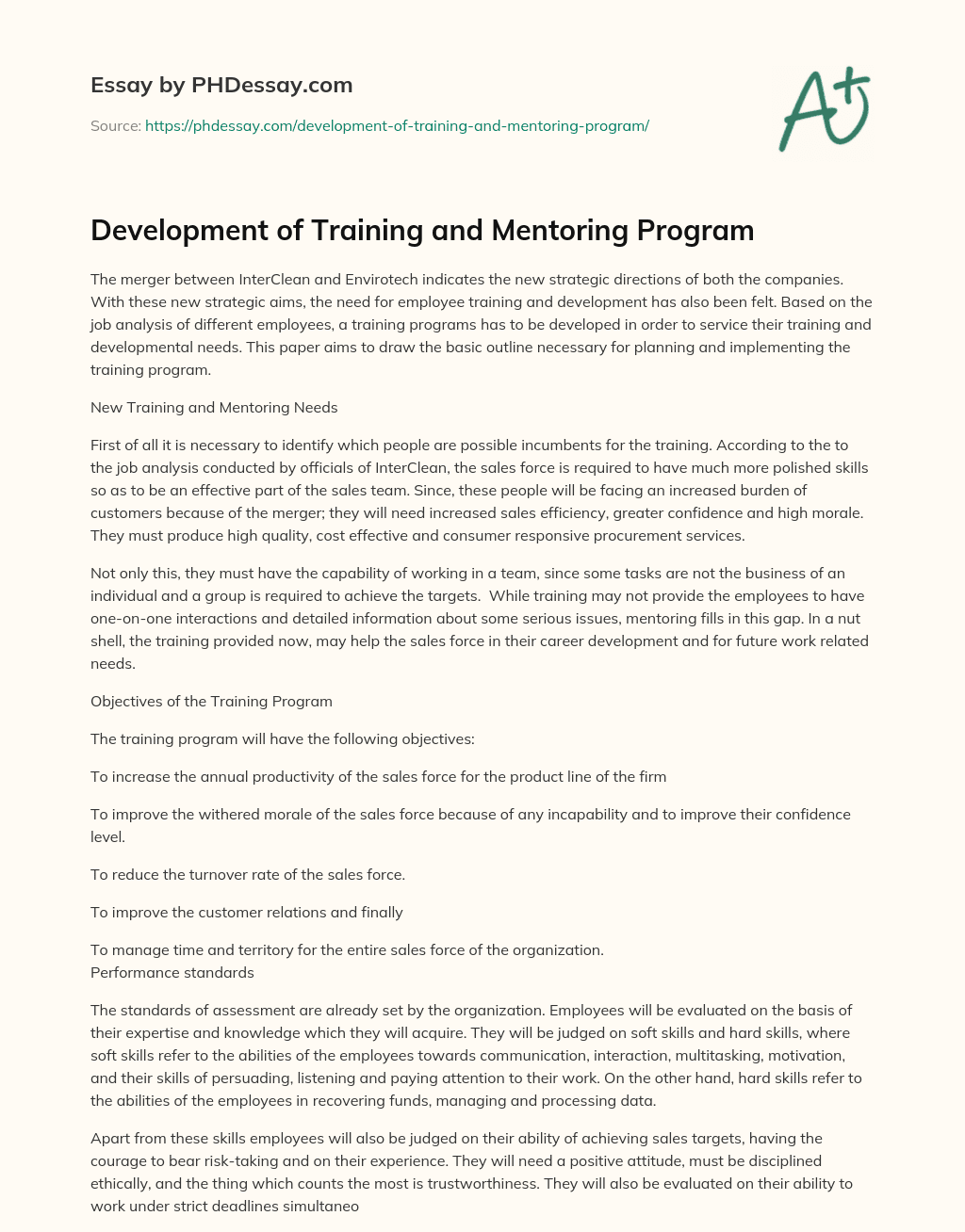 Development of Training and Mentoring Program - PHDessay.com