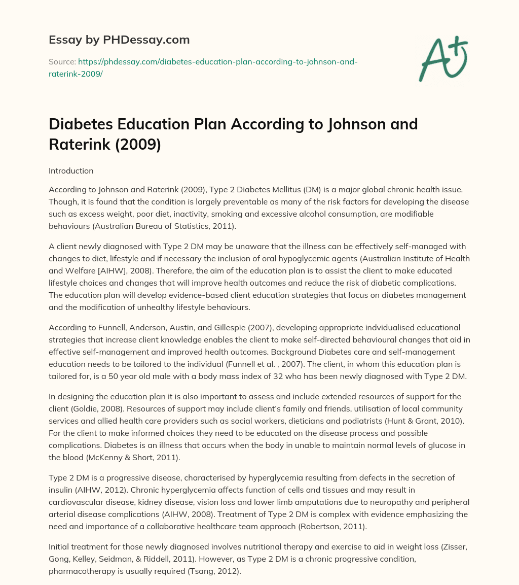 Diabetes Education Plan According to Johnson and Raterink (2009 ...