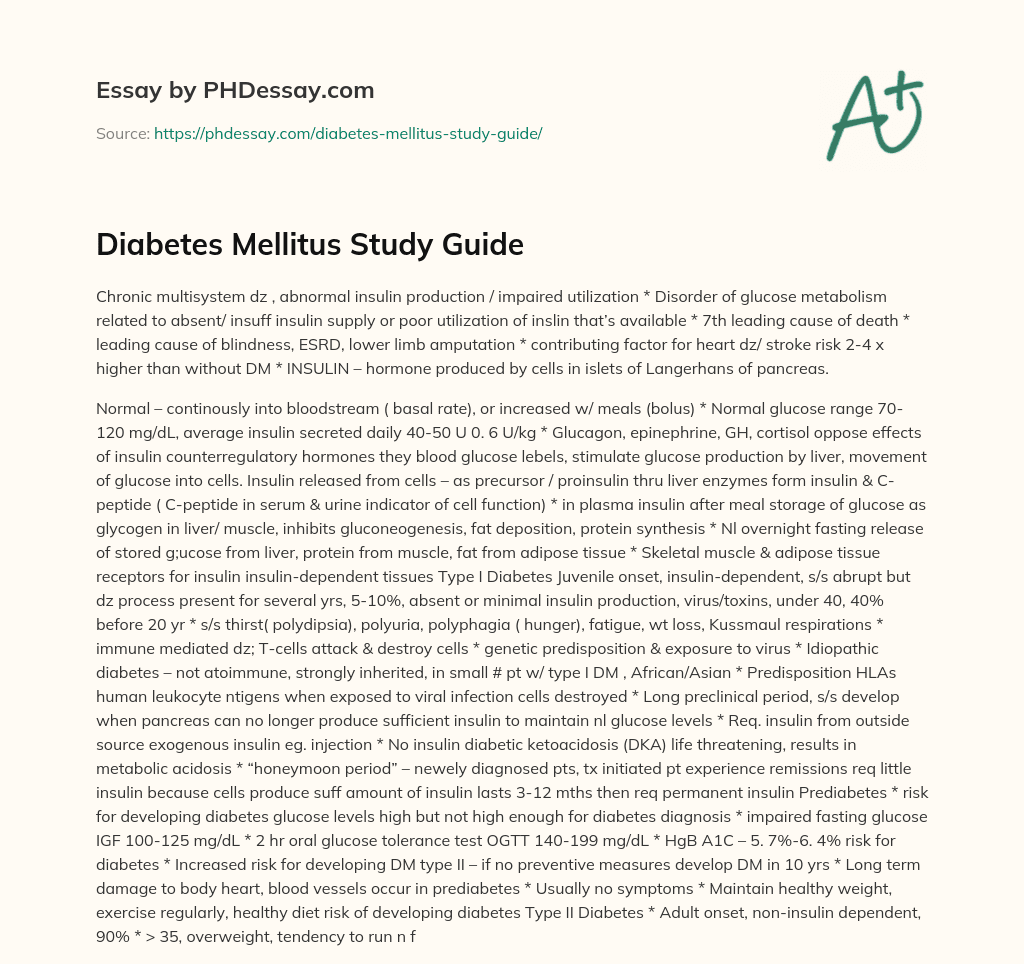 Diabetes Mellitus Study Guide - PHDessay.com