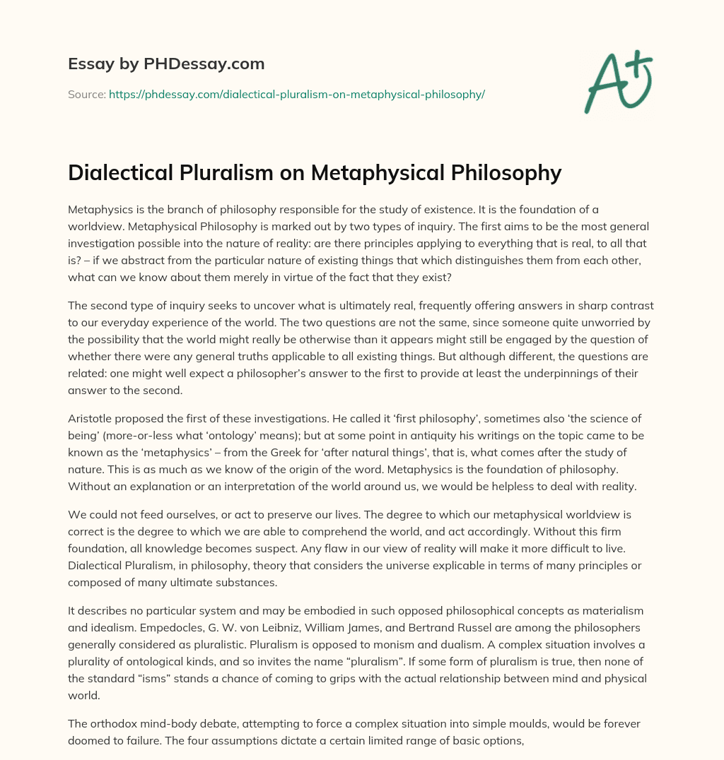 Dialectical Pluralism on Metaphysical Philosophy - PHDessay.com