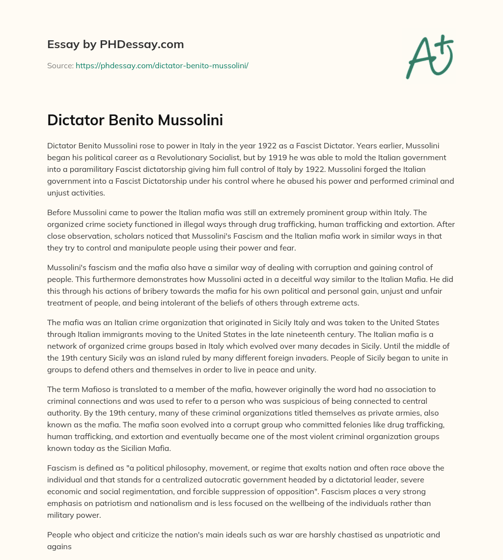 Dictator Benito Mussolini - PHDessay.com