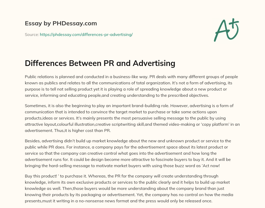 Differences Between PR and Advertising (300 Words) - PHDessay.com