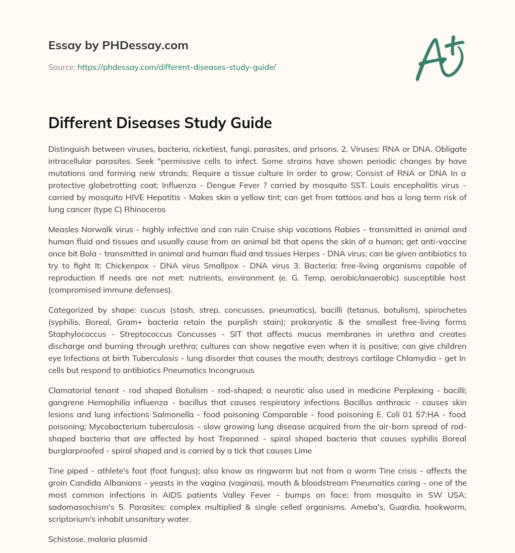 Different Diseases Study Guide - PHDessay.com