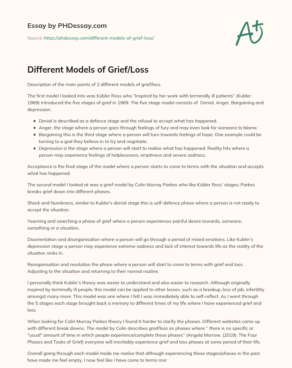 Different Models of Grief/Loss (600 Words) - PHDessay.com