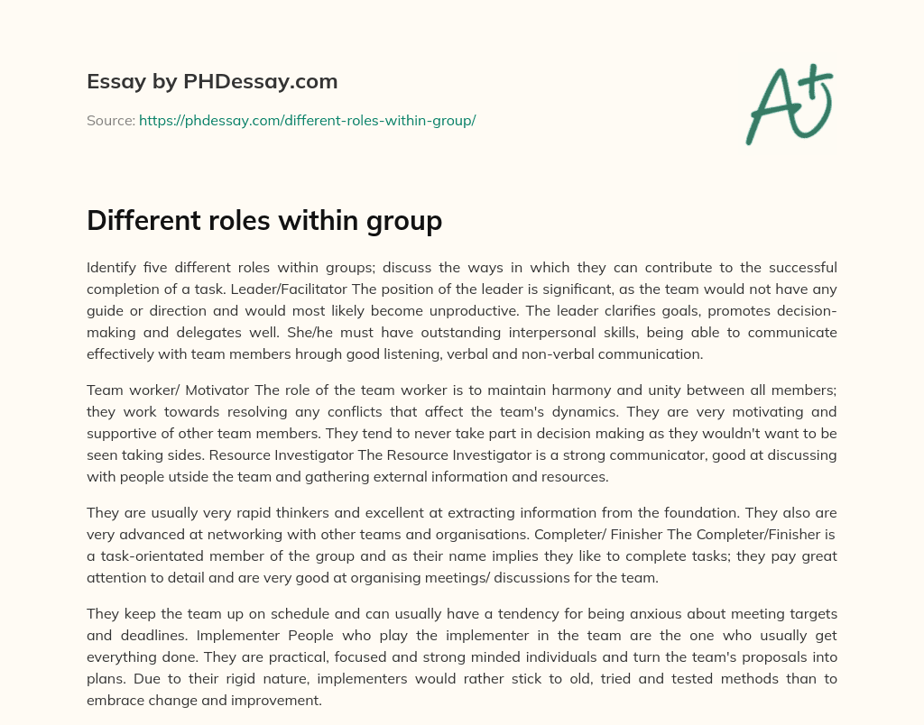 Different roles within group (300 Words) - PHDessay.com