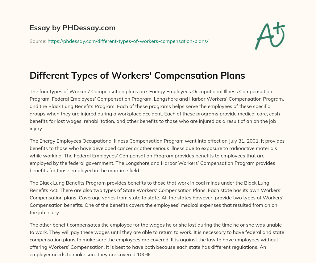 Different Types of Workers' Compensation Plans (300 Words) - PHDessay.com