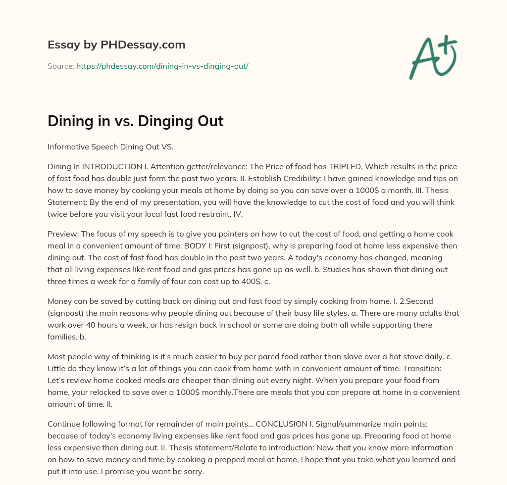 Dining in vs. Dinging Out (400 Words) - PHDessay.com