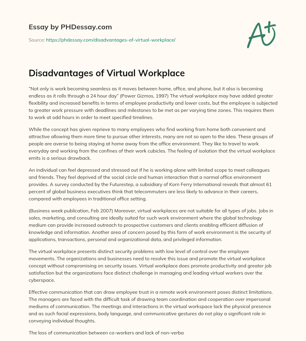 Disadvantages of Virtual Workplace (500 Words) - PHDessay.com