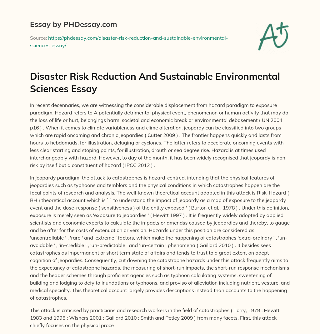 Disaster Risk Reduction And Sustainable Environmental Sciences Essay ...