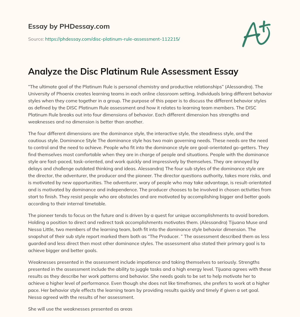Analyze the Disc Platinum Rule Assessment Essay - PHDessay.com