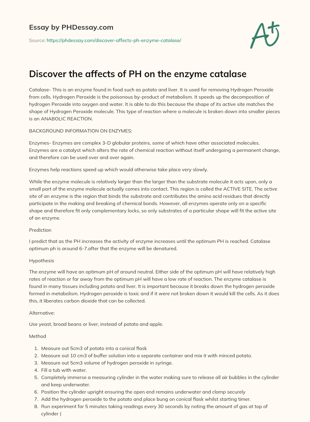 Discover the affects of PH on the enzyme catalase - PHDessay.com