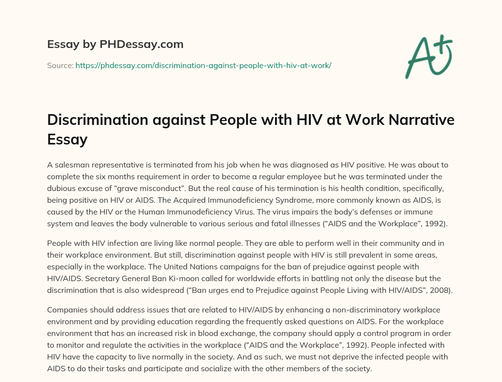 Discrimination against People with HIV at Work Narrative Essay (300 ...