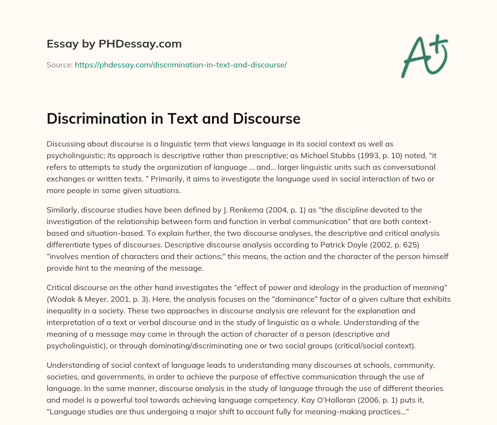 Discrimination in Text and Discourse (300 Words) - PHDessay.com