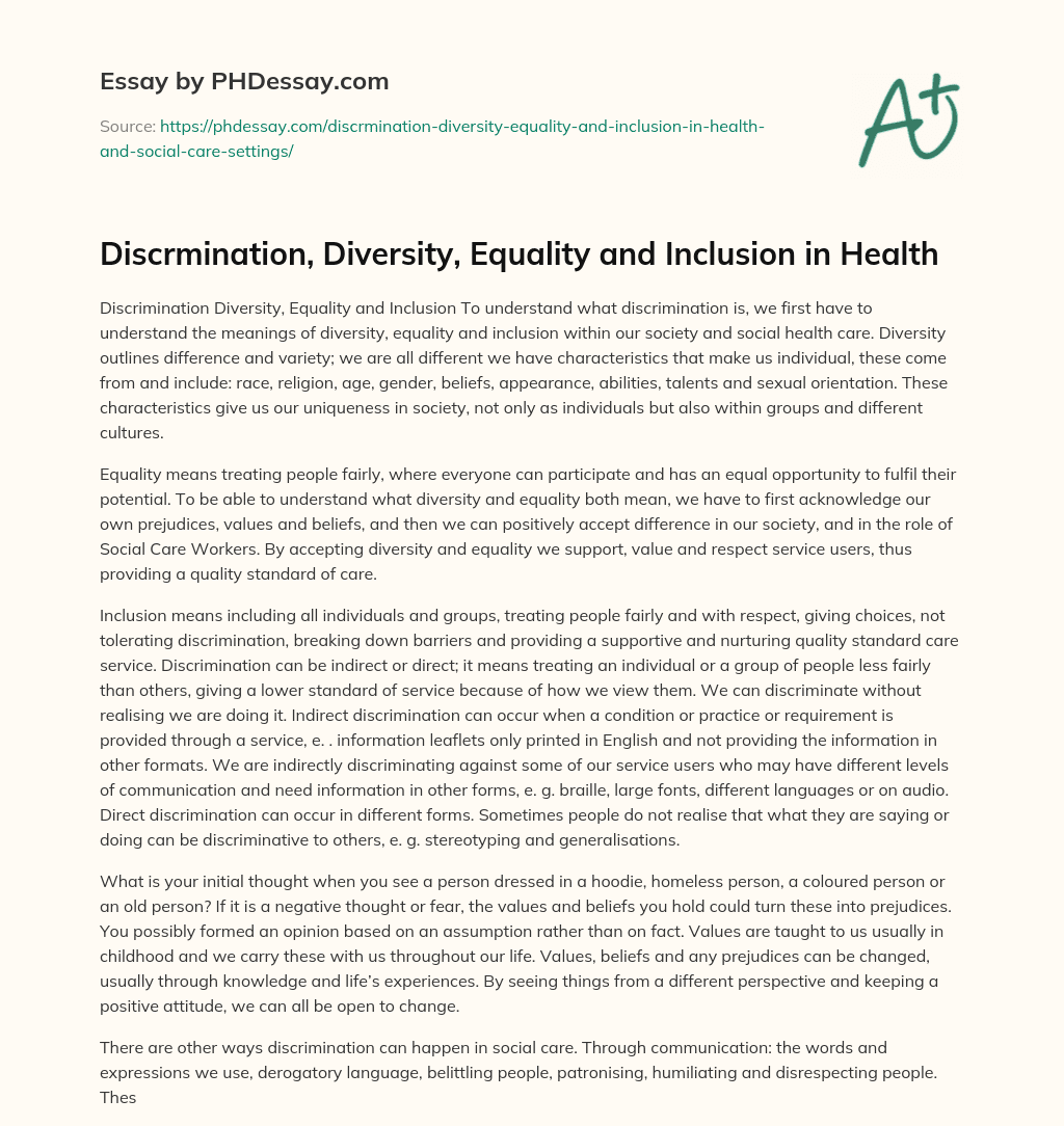 Discrmination, Diversity, Equality and Inclusion in Health - PHDessay.com