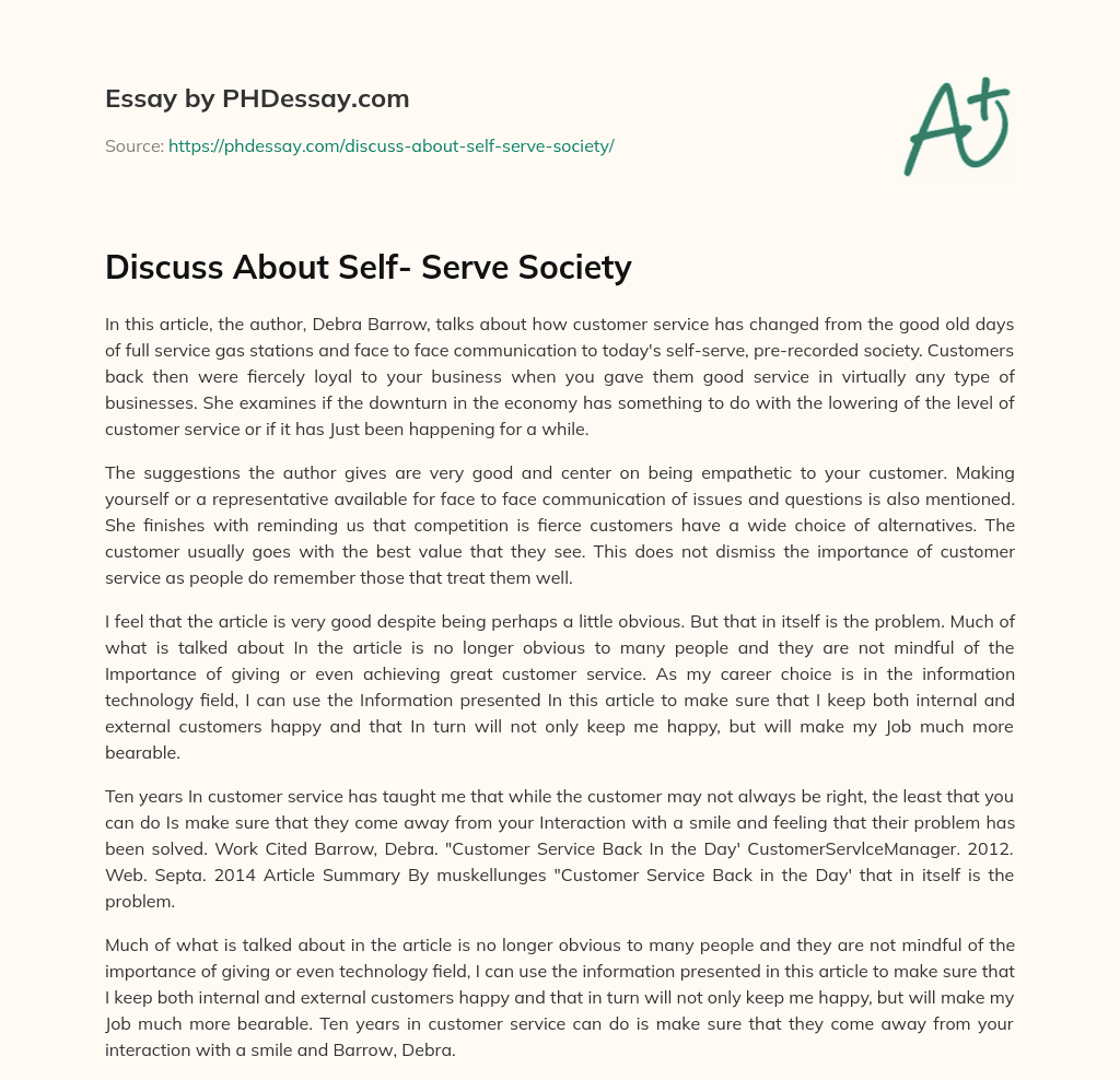 Discuss About Self- Serve Society (400 Words) - PHDessay.com