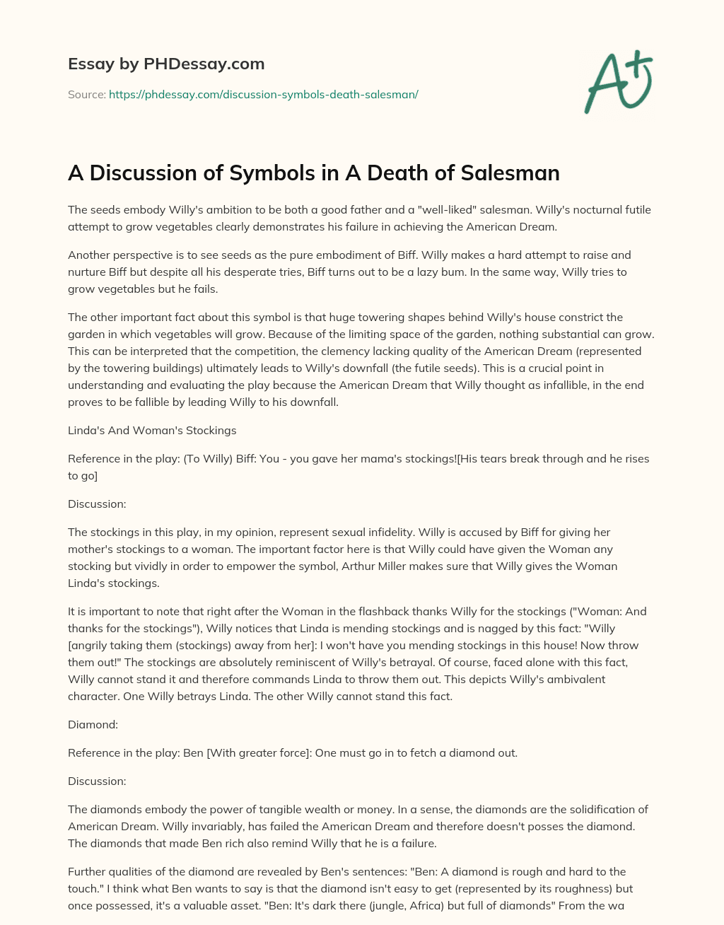 A Discussion of Symbols in A Death of Salesman - PHDessay.com