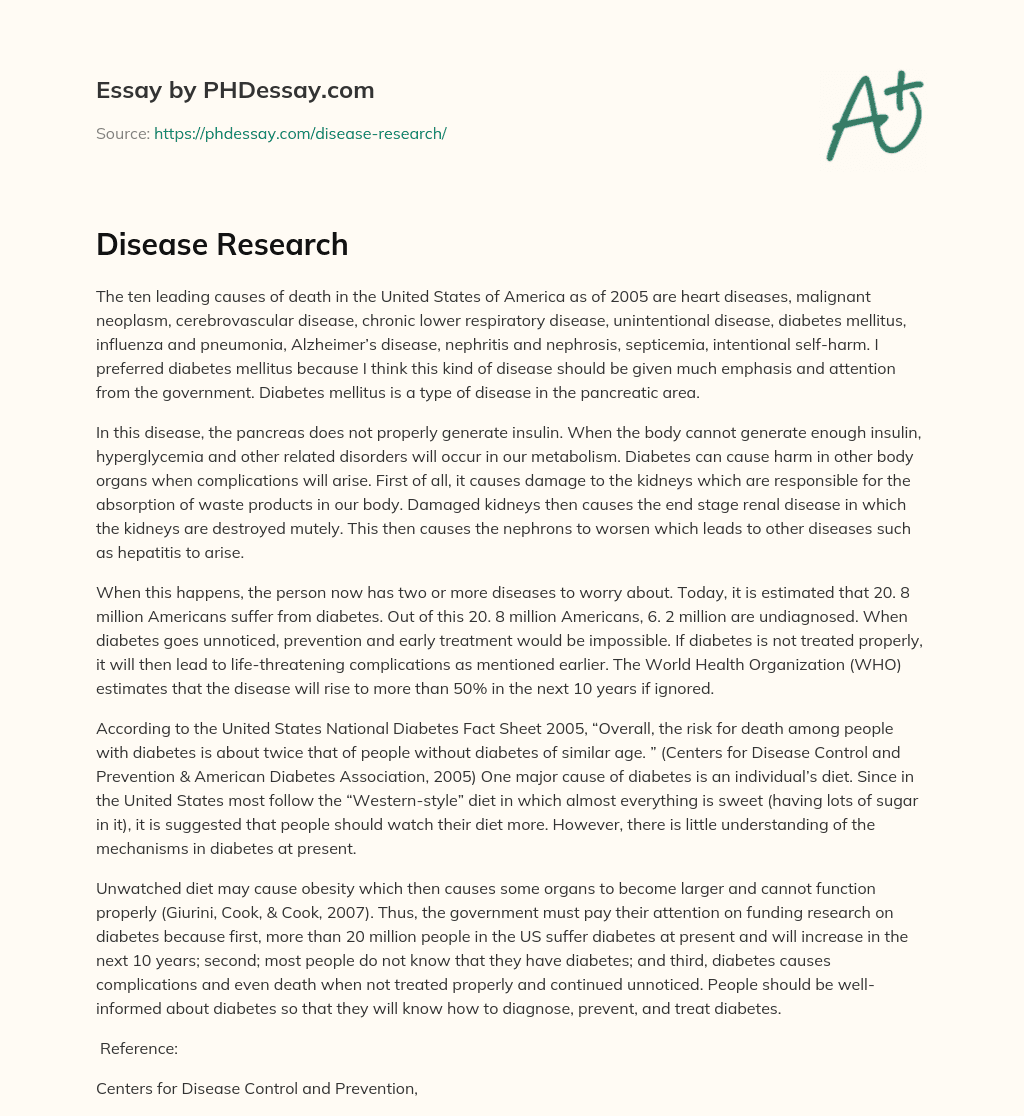 Disease Research (500 Words) - PHDessay.com