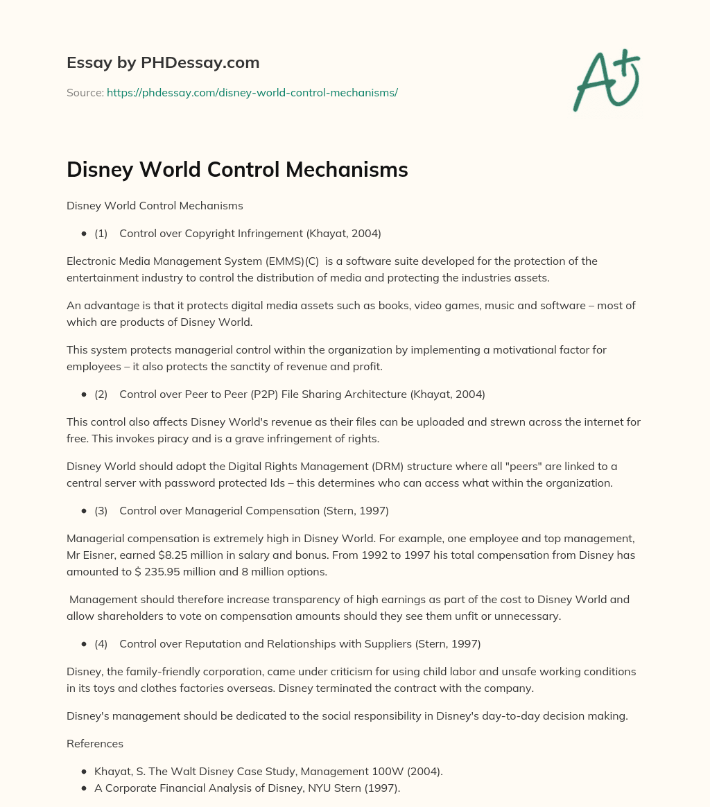 Disney World Control Mechanisms (300 Words) - PHDessay.com