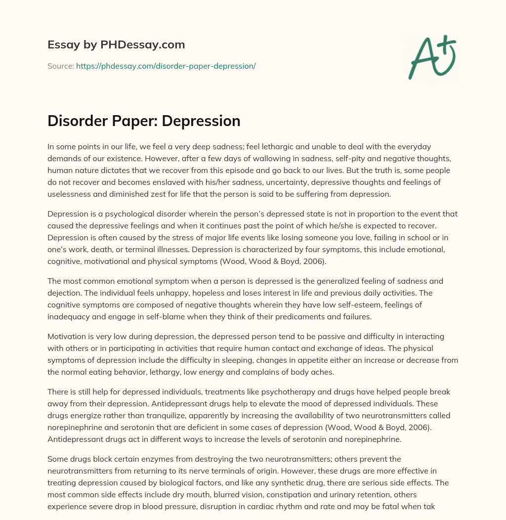 Disorder Paper: Depression (600 Words) - PHDessay.com