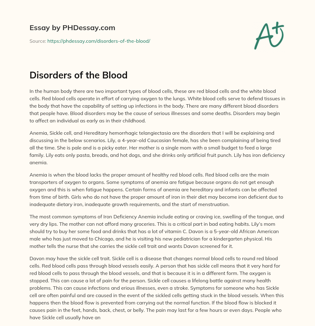 Disorders of the Blood (500 Words) - PHDessay.com